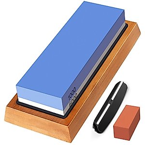 Whetstone Sharpening Stone Knife Sharpener, 2 Side 1000/6000 Grit Knife Sharpening Wet Stone Tool Kit for Kitchen Hunting, Non-Slip Bamboo Base Angle Guide Sharpening Stones for Knives
