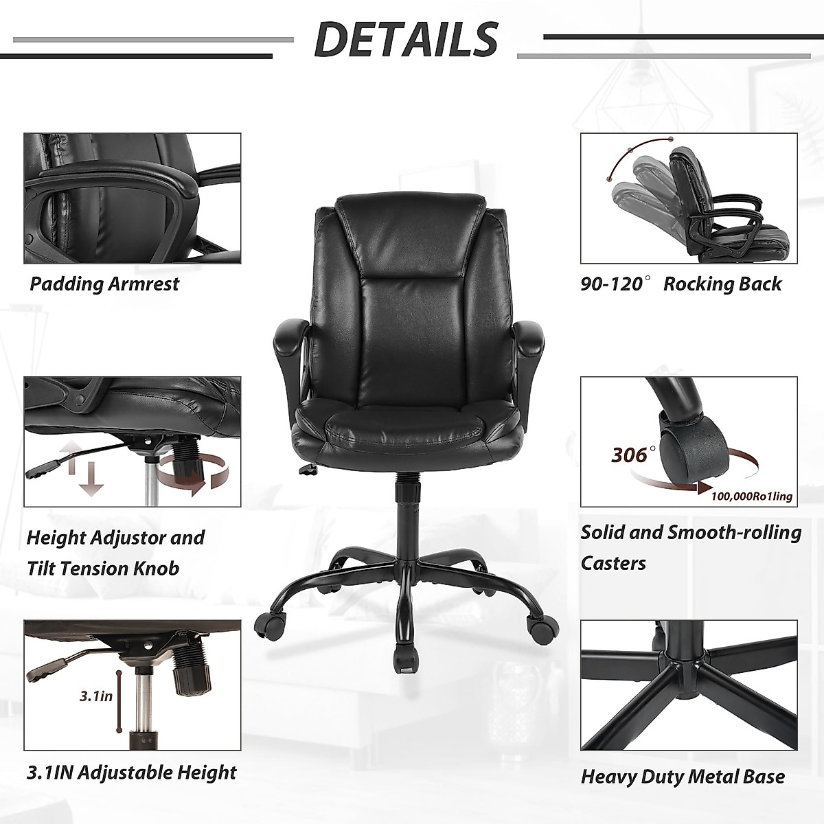 Office Chair,Executive Desk Chair with Lumbar Support,PU Leather Mid Back Computer Chair with 360-Degree Rolling Swivel Tilt，Ergonomic Desk Chair with Padded Armrest for Adult Men Women,Black