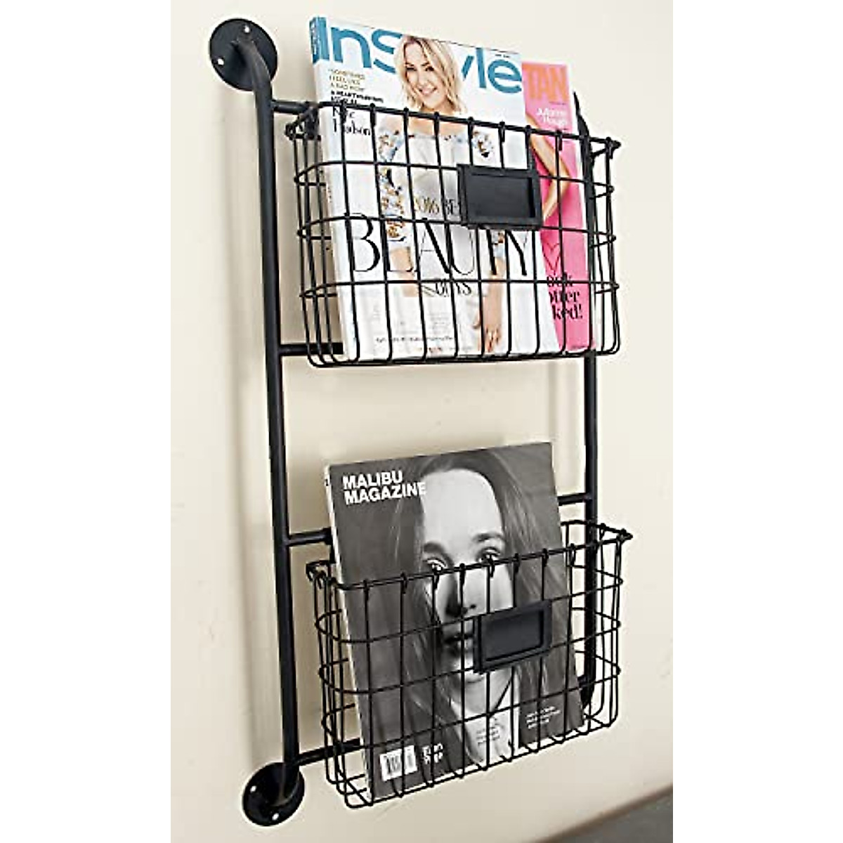 Deco 79 Metal Rectangle Magazine Rack Holder with Suspended Baskets and Label Slot, 16" x 3" x 28", Black