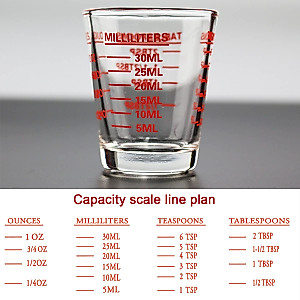 Shot Glasses Measuring cup Espresso Shot Glass Liquid Heavy Glass Wine Glass 2 Pack 26-Incremental Measurement 1oz, 6 Tsp, 2 Tbs, 30ml by TIYOORTA (2 pack red)