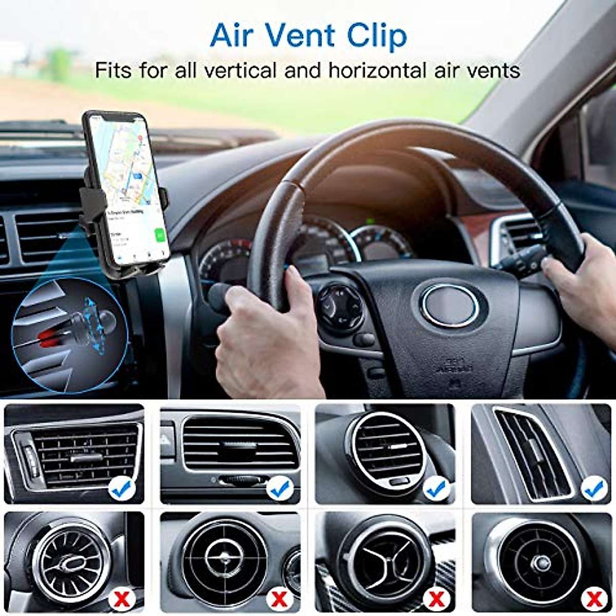 AIKELA Car Phone Mount, 3 in 1 Cell Phone Holder for Car Dashboard Windshield Air Vent with Washable Strong Sticky Gel Suction Pad, One-Click Release Button, Compatible with iPhone, Samsung, LG, Moto