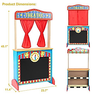 CHIUHEI Deluxe Wooden Puppet Theater with Curtains, Blackboard and Clock, Double-Sided Play Store 3-8Y & Kid Puppet Show Theater with 2 Hand Puppets and 4 Finger Puppets for Toddlers 1-3