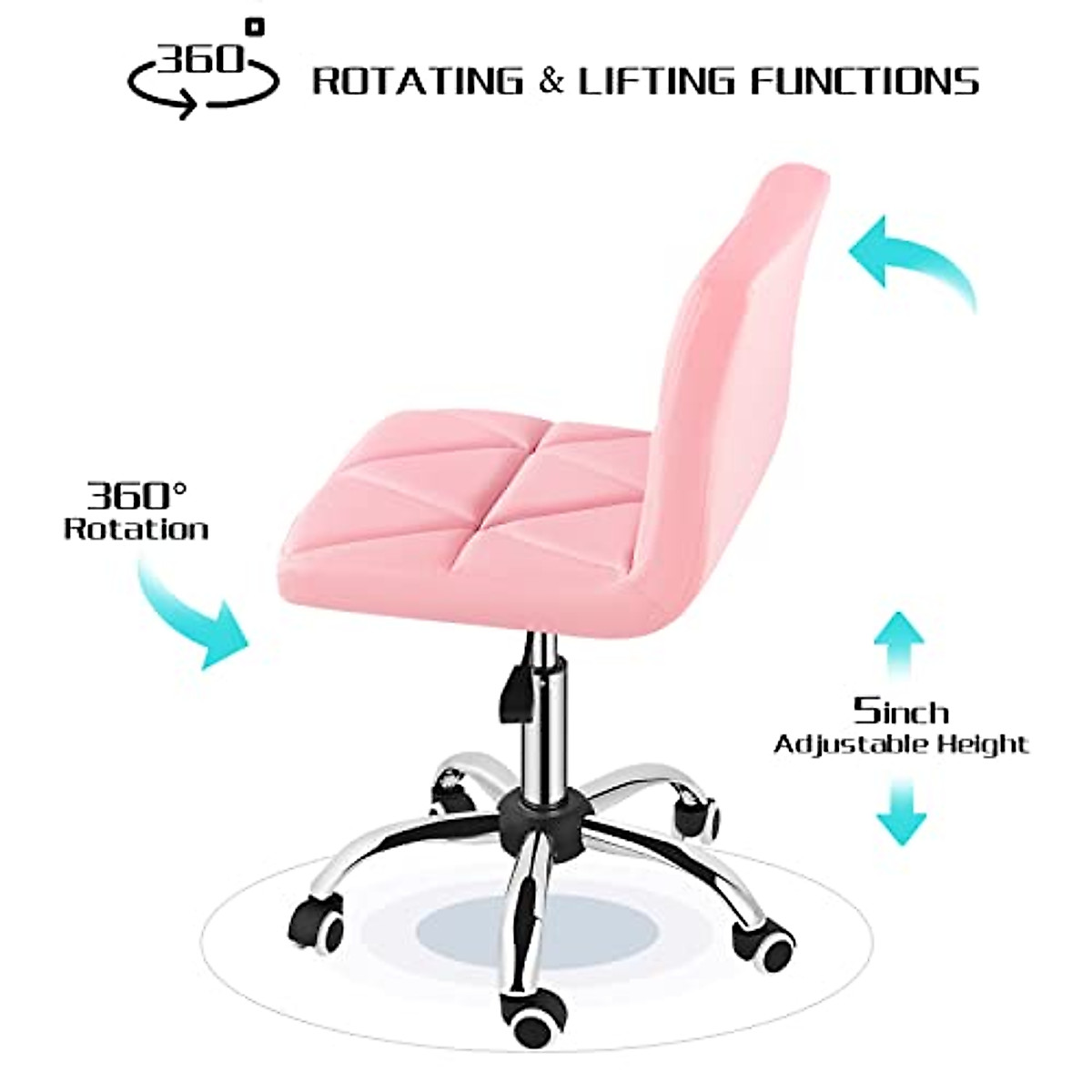 COSVALVE Armless Desk Chair Set of 2, Low Back Swivel Office Chair, Adjustable Task Chair with Rolling Wheels and Diamond Pattern, for Home Computer Barber, 2-Pack, Pink