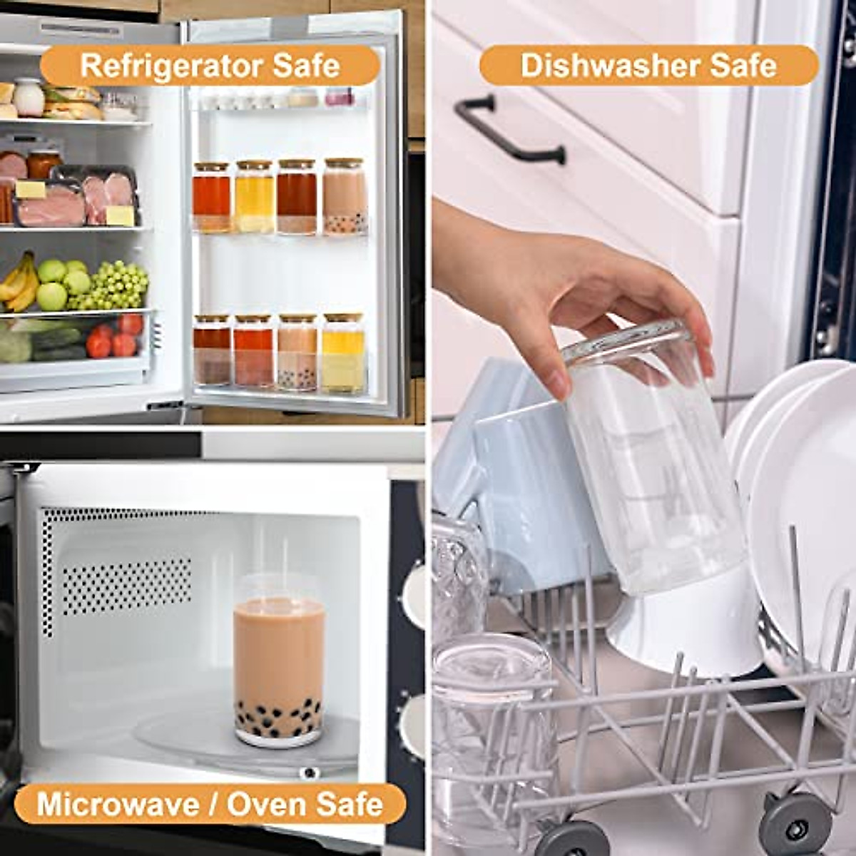 Drinking Glasses with Bamboo Lids and Glass Straw-16oz Can Shaped Glass Cups,Beer Glasses,Iced Coffee Glasses,Ideal for Cocktail,Whiske,Soda,Bubble Tea,Juicing, Smoothies(12pcs Set+2 Cleaning Brushes