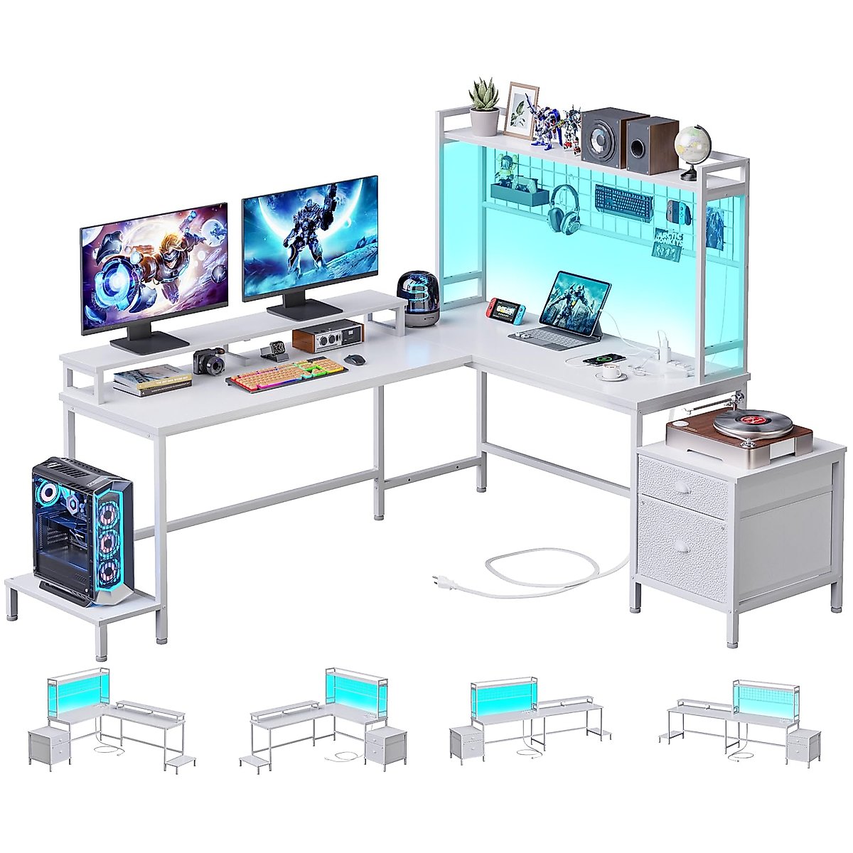 Furologee White L Shaped Gaming Desk with LED Strips and Power Outlets, 64" Reversible L Computer Office Desk with Pegboard and Fabric File Drawer, Coner Desk with Monitor Stand and Hutch