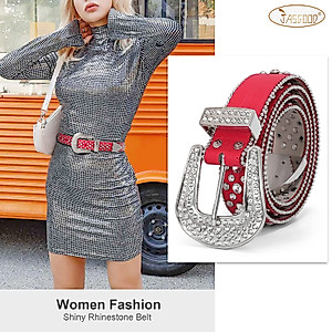 JASGOOD Rhinestone Belt for Women and Men, Western Cowgirl Cowboy Bling Studded Leather Belt Rhinestone Belt for Jeans Pants Dress, C-Red, Suit Pants Size 28”-33”