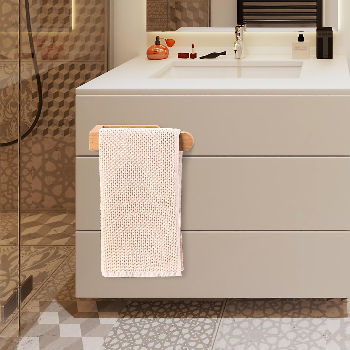 Maveite Bamboo Wall Towel Holder - Self Adhesive Bamboo Guest Towel Rack Shelf, Decorative Natural Wooden Bath Towel Rail for Bathroom, 8 Inch Wall Mounted Towel Bar for Kitchen