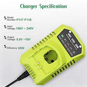 P117 Fast Charger for Ryobi 9.6V~18V Ni-Cd&Ni-Mh Lithium Battery Compatible with Ryobi 18V 14.4V 12V 9.6V Batteries P117 P100 P102 P103 P104 P105 P107 P108 P109 P119 P122 Lithium-Ion Battery Charger