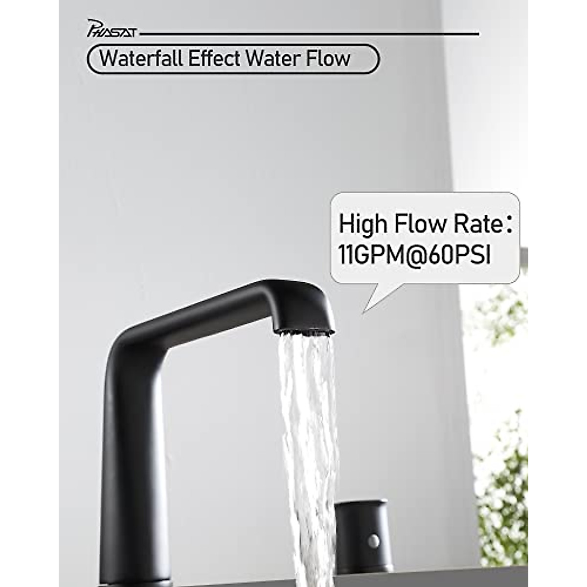 PHASAT Black Waterfall Bathtub Faucet,Bathroom Roman Tub Faucet,3 Holes 2 Handles Deck Mount Bath Tub Filler with High Flow Widespread Spout,Matte Black,PU5H01