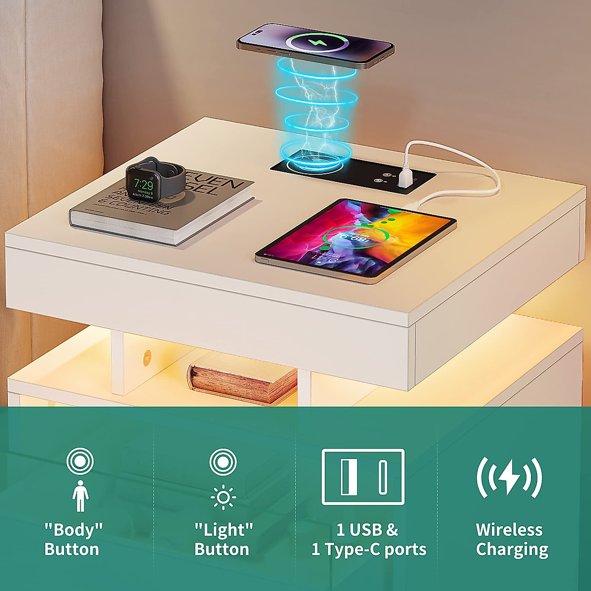YITAHOME LED Nightstand with Wireless Charging Station, USB & Type-C Ports, Smart Night Stands with 2 Drawers for Bedroom, Modern Bedside Tables with Embedded LED Light Strip, Human Body Induction