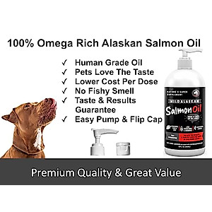Pure Wild Alaskan Salmon Oil for Dogs & Cats - Relieves Scratching & Joint Pain, Improves Skin, Coat, Immune & Heart Health. All Natural Omega 3 Liquid Food Supplement for Pets. EPA + DHA Fatty Acids