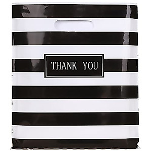 Daarcin 100pcs 16x18in Large Black and White Stripes Thank You Merchandise Bags,Die Cut Plastic Shopping Bags with Handle for Boutique,Party,Goodie,Stores,Clothes, Reusable Retail Bags for Bussiness