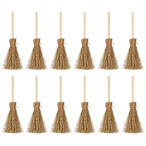 SEWACC 12pcs Mini Broom Decoration Miniature Artificial Straw Brooms Hanging Ornament Halloween Straw Craft Decor Witches Broom for Cosplay Party