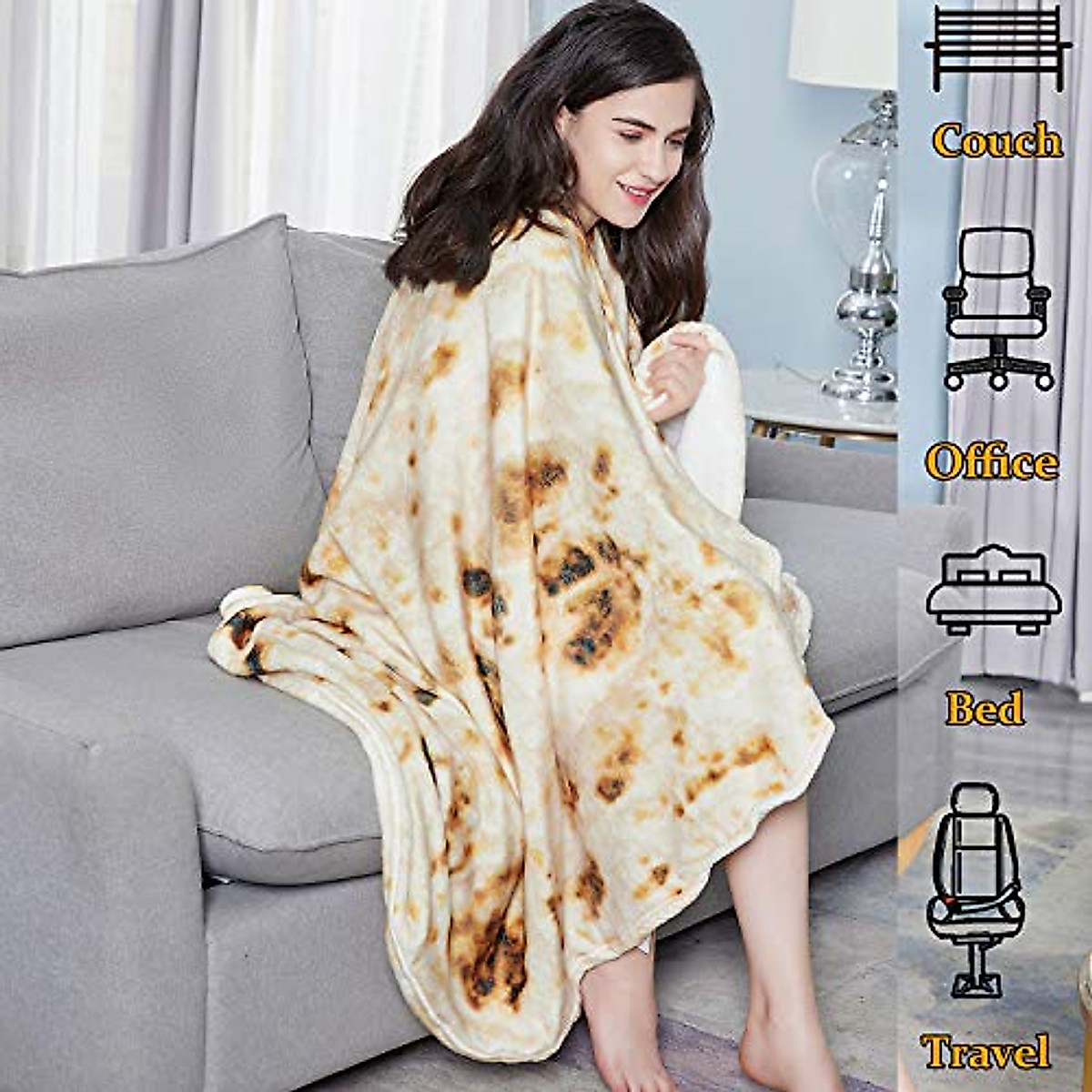 LAGHCAT Tortilla Blanket, Tortilla Throw Blanket Round for Adult and Kids, Easter Gift Flour Tortilla Blanket, Soft Flannel Taco Blanket for Everyone (Black and Yellow, 80 inches)