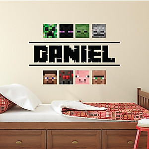 Personalized Gaming Name Wall Decals - Famous Video Game Sticker for Kids Room - Gamer Room Bedroom Stickers - Mine Removable Wall Decal for Boys Playroom Art Mural Vinyl Poster Wall Decor