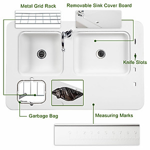 VINGLI Folding Fish Cleaning Table with 2 Sink, Outdoor Portable Camping Table with Grid Rack & Sprayer, Cutting Table with Drainage Hose Stainless Steel Faucet for Patio Backyard BBQ