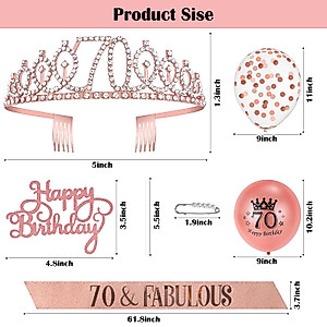Konasala 70th Birthday Decorations for Women, Including Birthday Sash, Tiara/Crown, Cake Topper, Pearl Pin and Birthday Balloons Set, 70th Birthday Gifts for Women Rose Gold