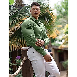 URRU Men's Muscle Dress Shirts Slim Fit Stretch Long Sleeve Casual Button Down Shirts Army Green M
