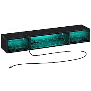 Rolanstar TV Stand with Power Outlet, Floating TV Stand with RGB Lights, 55.1" Wall Mounted TV Shelf, Black Media Console with Storage Shelf, Entertainment Shelf Under TV for Living Room, Bedroom