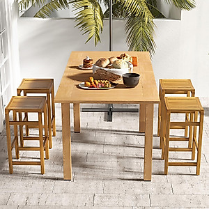 HAPPYGRILL Outdoor Wood Bar Stools Set of 2, Patio Bar Stools with Ergonomic Seat & Comfortable Footrest, Acacia Wood Bar Stools, 30-Inch Bar Height Stools for Garden Deck Balcony Poolside