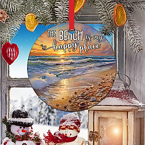 Swavecat Christmas Ornament - Sunset Beach Waves Coastal Ceramic Xmas Tree Keepsake The Beach is My Happy Christmas Ornaments Ocean Theme Beach Winter Seasonal Gift Holiday Decor