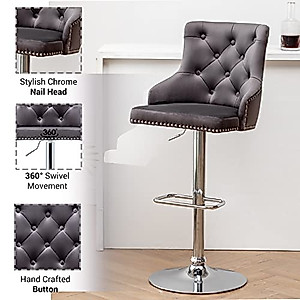 BTEXPERT Set of 2 Premium upholstered Dining 25" - 33" Adjustable High Back Stool Bar Chairs, Gray Tufted Nailhead Trim, (5153GR-2)