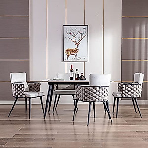 BFZ Mid-Century Modern Dining Chairs Set of 4, Handmade Woven Kitchen Chairs, Upholstered Velvet Chairs with Metal Legs, Living Room