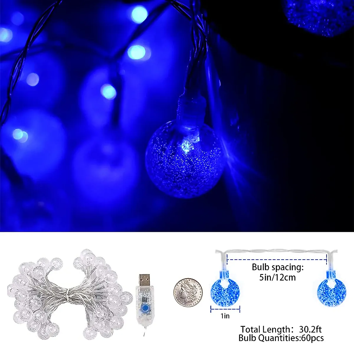 YZIXNUY Solar String Lights Outdoor Waterproof, 30.2FT 60 LED Crystal Globe Fairy Lights Solar Powered& USB Plug-in Powered with 8 Lighting Modes for Indoor Outdoor Party Home Backyard Wedding (Blue)