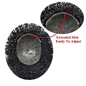 Hair Units for Black Men Afro Toupee for Black Men Kinky Curly Human Hair Piece Replacement African American Afro Wavy Men Toupee Hairpiece Thin Skin Men Hair System(8"X10", #1Jet Black-8mm Wave Curl)