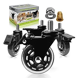 Slipstick CB693 Premium 3 Inch Rubber Caster Wheels with Brake (4 Pack) Replacement Rollerblade Style Swivel Casters with 3/8”– 16x1” Threaded Stem, Includes Mounting Hardware, Black/Clear Castor