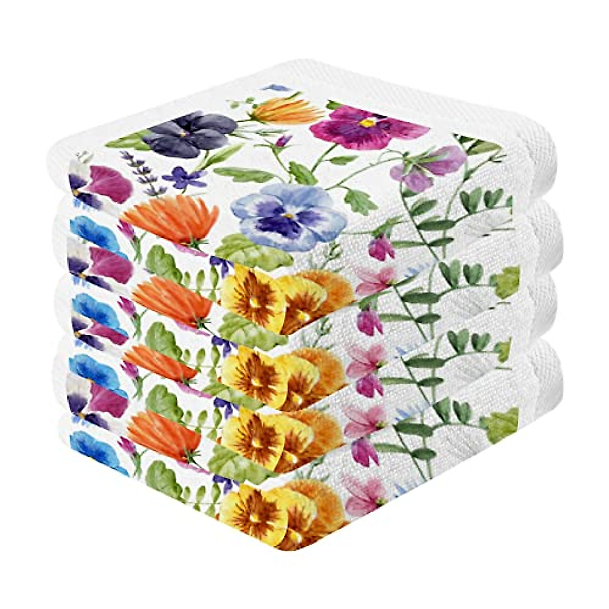 Kigai 100% Cotton Wash Cloths Set of 4 Packs - Pansy Flowers Extra Absorbent Kitchen Dish Cloths - 12 x 12 Inches Reusable Soft Feel Towels for Face