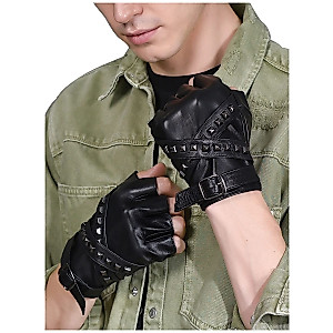 FIORETTO Men Genuine Leather Fingerless Gloves Punk Half Finger Gloves Unlined Sheepskin Gloves for Driving Motorcycle Black Large
