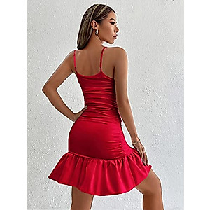 Floerns Women's Casual Spaghetti Strap Ruched Ruffle Hem Cami Short Dress Red Petite XS