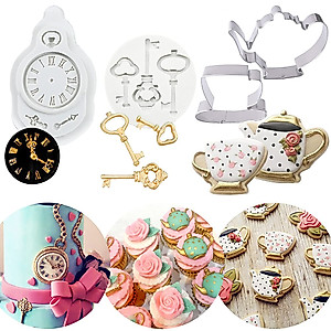 LaVenty 4 PCS Tea Party Cookie Cutter Tea Party Cake Mold Tea Party Cupcake Decoration Teapot Fondant Mold Tea Cup Mold Clock Mold Tea Party Favors Tea Party Supplies