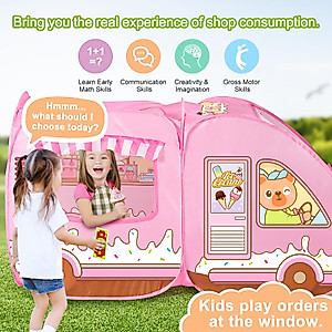 Ice Cream Truck Play Tent for Kids, 45 Pc. Pretend Play Toy Food Set, Pop Up Playhouse with Children’s Play Tent Ball Pit, Great Gifts for Toddlers, Baby, Boys & Girls（Ball Pit Balls Not Included）