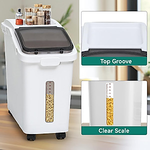 YITAHOME 65L/117lbs Large Ingredient Storage Bins, Commercial 11.4+5.8 Gal Rice Flour Storage Container, Organizer Storage Bin with Measuring Cup, Scoop and Wheels for Kitchen, White & Black Lid