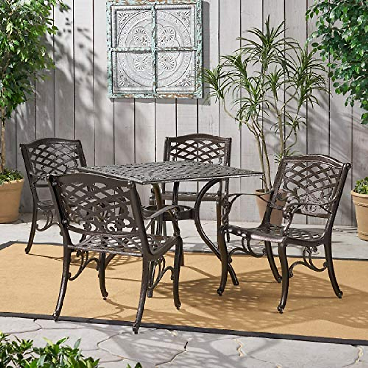 Christopher Knight Home Hallandale Outdoor Sarasota Cast Aluminum Square Dining Set, 5-Pcs Set, Hammered Bronze