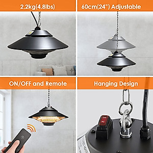 ZIPEAK Outdoor Heater - Hanging Patio Heater - Outdoor heaters for patios - 1500W Electric Heater with Remote, IP65 Waterproof Infrared heater for Indoor and Outdoor Use (Black GS)