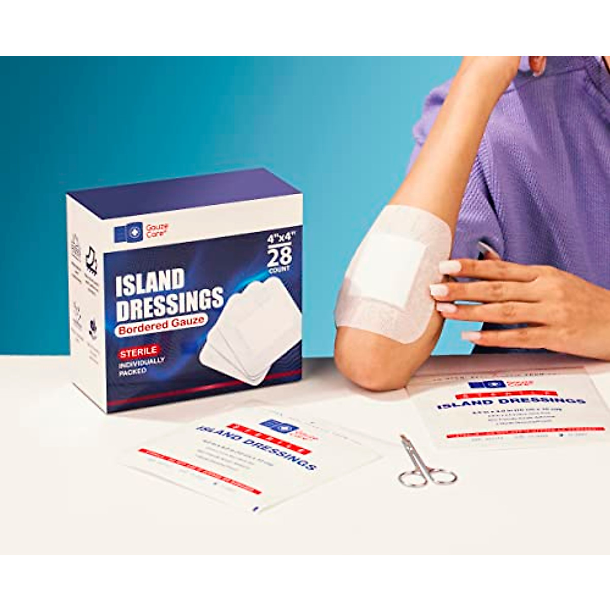 GauzeCare Island Dressing 4x4 inch 28 Pcs| Individually Packed Sterile Pouches| 2x2 Non-Stick Pad in Center with Acrylic Adhesive Borders| Water-Resistant Adhesive Pads for Wound Care and Dressing