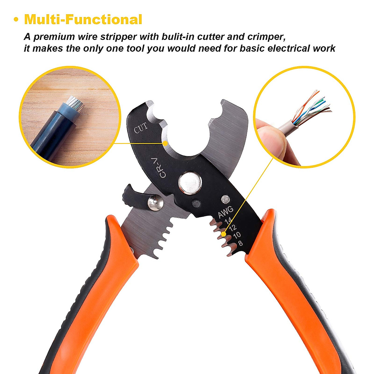 7in Cable Cutter Wire Stripper 8-14 AWG, Heavy Duty for Aluminum Copper, Communication Cables Wire Stripping Tool And Multi-Function Hand Tool，Professional Handle Design 518020A