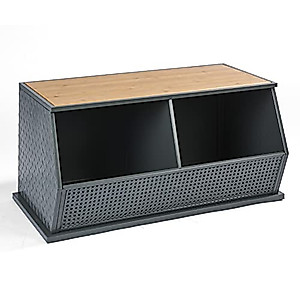 Badger Basket Metal and Bamboo Two Bin Stackable Charcoal/Natural Toy Storage Cubby