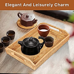 Akamino Rattan Tray with Rattan Coasters - 14.6''x12.2''x2'' Hand-Woven Wicker Basket Tray with Handles for Breakfast, Rectangular Decorative Serving Organizer for Coffee Table, Drinks, Fruit