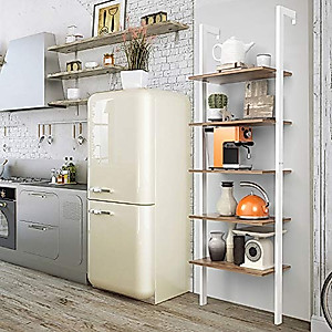 Tangkula Industrial Ladder Shelf Against The Wall, 5-Tier Wall Mount Ladder Bookshelf with Metal Frame, 72 Inches Open Bookcase Plant Flower Stand Display Storage Rack for Home Office