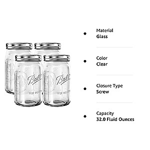Mason Jars Wide Mouth 32 oz Bundle with Non Slip Jar Opener brand BHL Jars - Set of 4 Quart Size Mason Jars - Canning Glass Jars with Lids