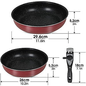 Almcmy Nonstick Frying Pan Set 2 Piece, 10 Inch & 11.6 Inch Nonstick Skillet with Detachable Handle, Induction Pots and Pans, Removable Handle Cookware, Oven Safe, Dishwasher Safe, Red
