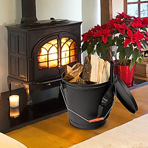 JupiterForce Ash Bucket with Lid and Shovel, 5.15 Gallon Large Galvanized Metal Hot Coal Wood Ash Carrier Pail for Fireplace, Fire Pits, Wood Burning Stoves, Grill, Outdoor Camping, Black
