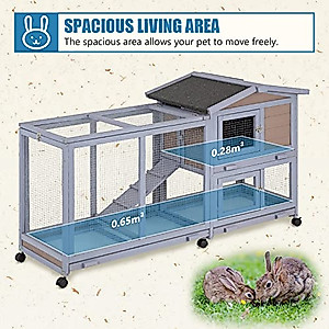 Wood Rabbit Hutch Rabbit Cage Bunny Hutch Rolling Large Bunny Cage Indoor Outdoor Two Story Guinea Pig Hutch Rabbit House with Wheels&Waterproof Roof,Grey