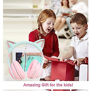 Hilifix Bluetooth Headphones Over Ear, LED Light Up Cat Ear Kids Headphones, Foldable Stereo Headphones Wireless Wired Headphones with Microphone for School/Study/Travel/PC/iPhone/iPad (Pink+Green)
