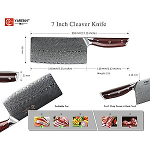 YARENH Chinese Cleaver Knife, 7 inch Professional Kitchen Knife, Damascus Steel Blade, 67 Layers, African Sandalwood Handle, Suitable for Cutting Vegetables and Meat, Gift Box Packaging