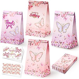 LWBDD Butterfly Candy Gift Bags 24 Pieces Pink and Purple Bags Rainbow Party Decorations Butterfly Supplies for Birthday Party Paper Gift Bag with 24 Stickers For Valentine's Day & Easter